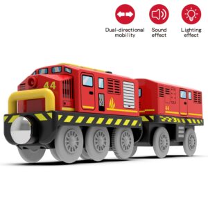 Wooden Train Track Accessories Battery Operated Locomotive Train, Motorized Train for Toddlers with Magnetic Connection, Powerful Engine Train Vehicles (Red Battery Operated Train with Lights)