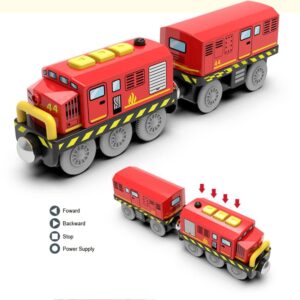 Wooden Train Track Accessories Battery Operated Locomotive Train, Motorized Train for Toddlers with Magnetic Connection, Powerful Engine Train Vehicles (Red Battery Operated Train with Lights)