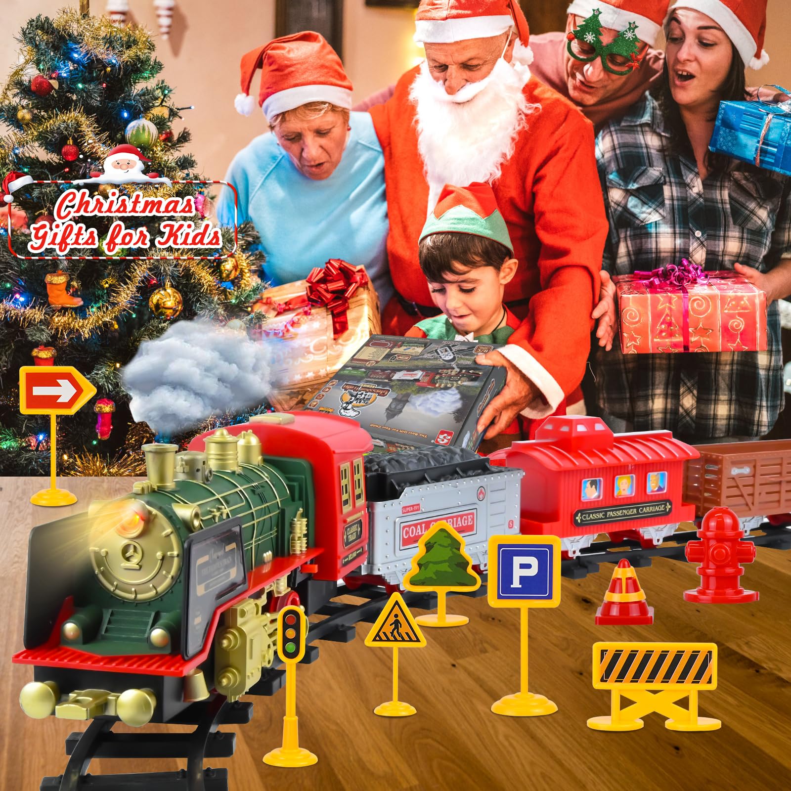 Neragron Remote Control Train Set, Christmas Electric Train Set with Steam, Sound & Light, Kids Train Track with Rechargeable Battery, Christmas Toy Train Gifts for Age 3 4 5 6 7 8 Years Old Kids