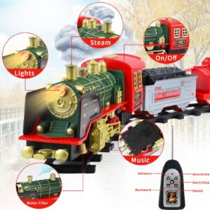 Neragron Remote Control Train Set, Christmas Electric Train Set with Steam, Sound & Light, Kids Train Track with Rechargeable Battery, Christmas Toy Train Gifts for Age 3 4 5 6 7 8 Years Old Kids