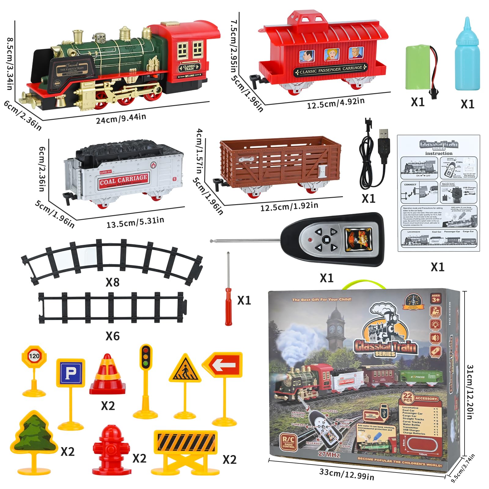 Neragron Remote Control Train Set, Christmas Electric Train Set with Steam, Sound & Light, Kids Train Track with Rechargeable Battery, Christmas Toy Train Gifts for Age 3 4 5 6 7 8 Years Old Kids