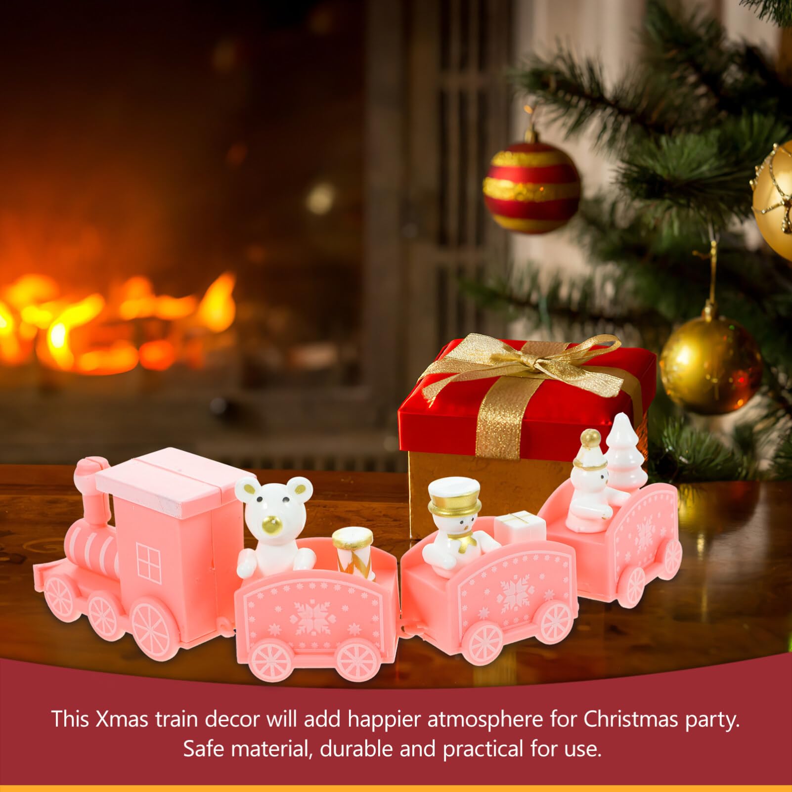 Amosfun Christmas Tree Train Decorations Christmas Train Set for Around/Under The Tree Tracks Electric Train Sets Mini Christmas Tree Train Plastic Train Table Decor Pink