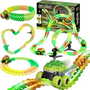 dinosaur race car tracks toys set for kids boys girls ages 3 4 5 6+ electric dinosaur turkc cars with strong suction cup,steady tripod 130+ pcs flexible train car tracks birthday gift christmas