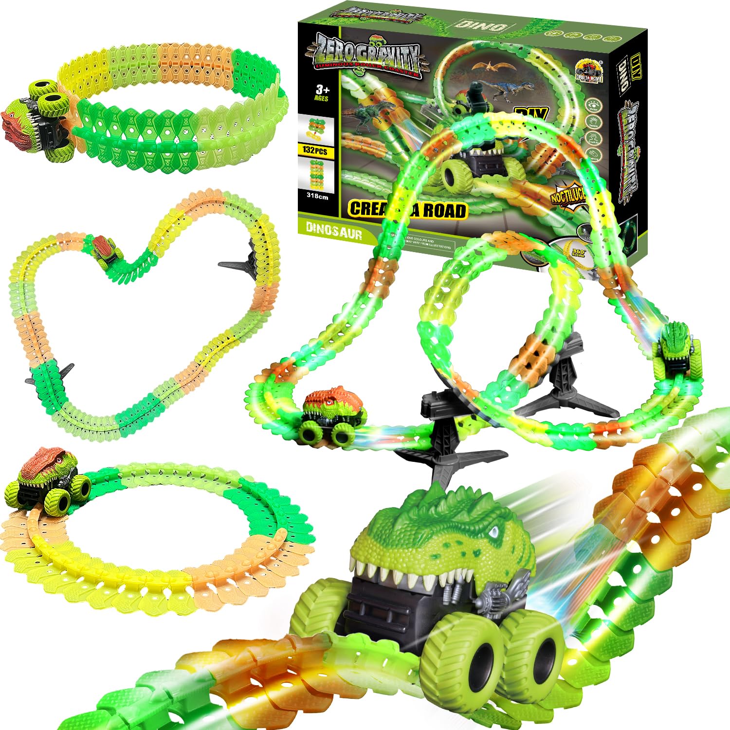 Dinosaur Race Car Tracks Toys Set for Kids Boys Girls Ages 3 4 5 6+ Electric Dinosaur Turkc Cars with Strong Suction Cup,Steady Tripod 130+ Pcs Flexible Train Car Tracks Birthday Gift Christmas