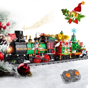 christmas train set building blocks with rotating christmas tree, electric music steam train building kit with remote control birthday for kids teens adults (1296+ pcs)