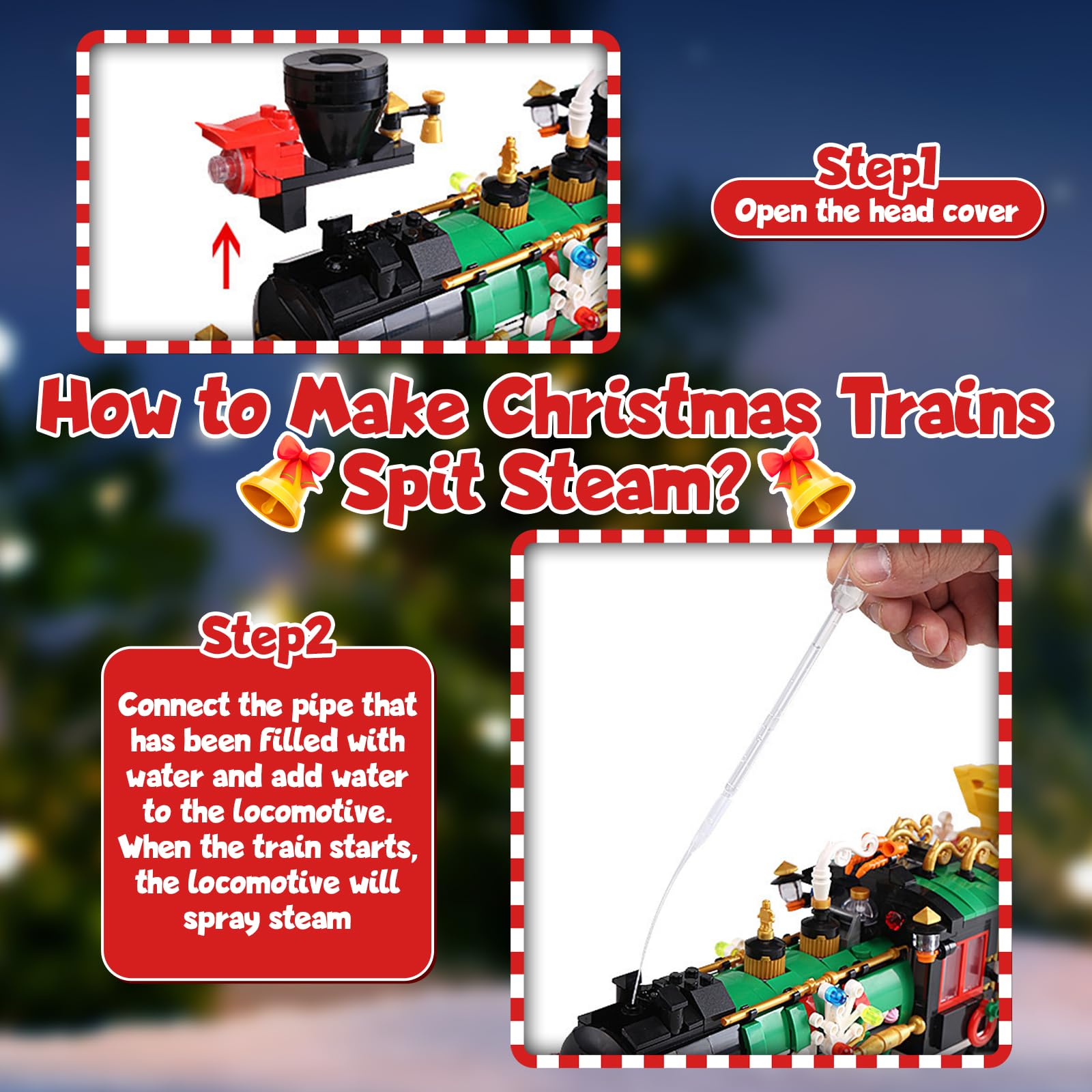 Christmas Train Set Building Blocks with Rotating Christmas Tree, Electric Music Steam Train Building Kit with Remote Control Birthday for Kids Teens Adults (1296+ pcs)