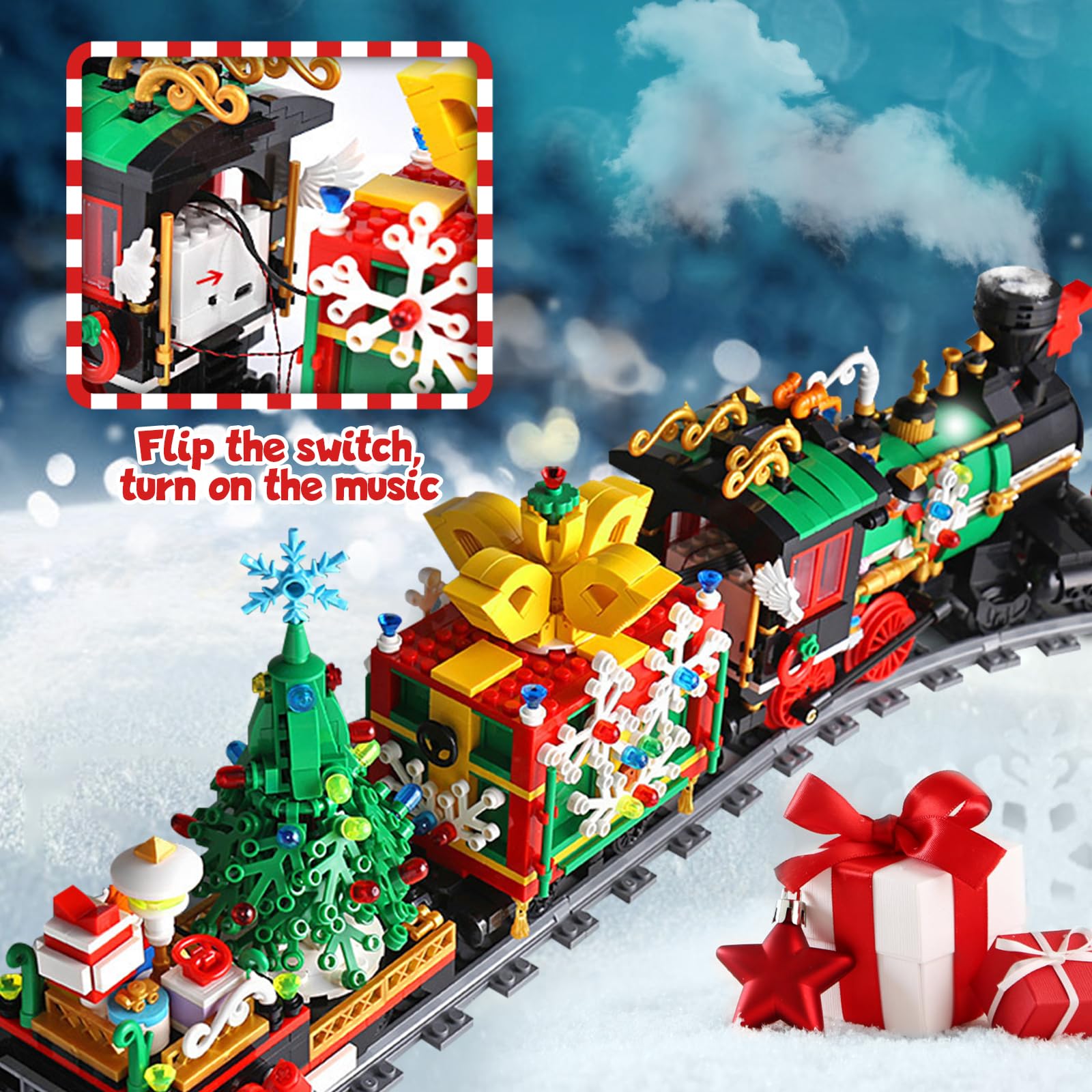 Christmas Train Set Building Blocks with Rotating Christmas Tree, Electric Music Steam Train Building Kit with Remote Control Birthday for Kids Teens Adults (1296+ pcs)