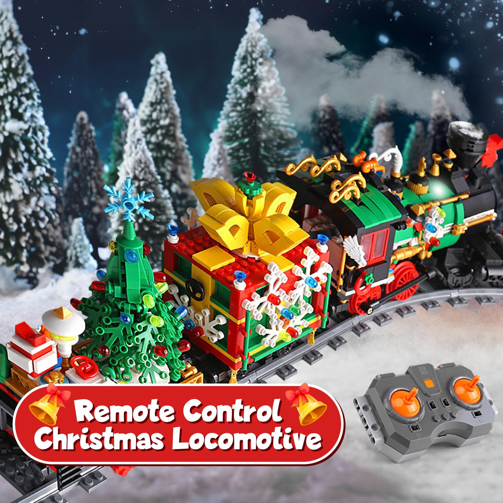 Christmas Train Set Building Blocks with Rotating Christmas Tree, Electric Music Steam Train Building Kit with Remote Control Birthday for Kids Teens Adults (1296+ pcs)