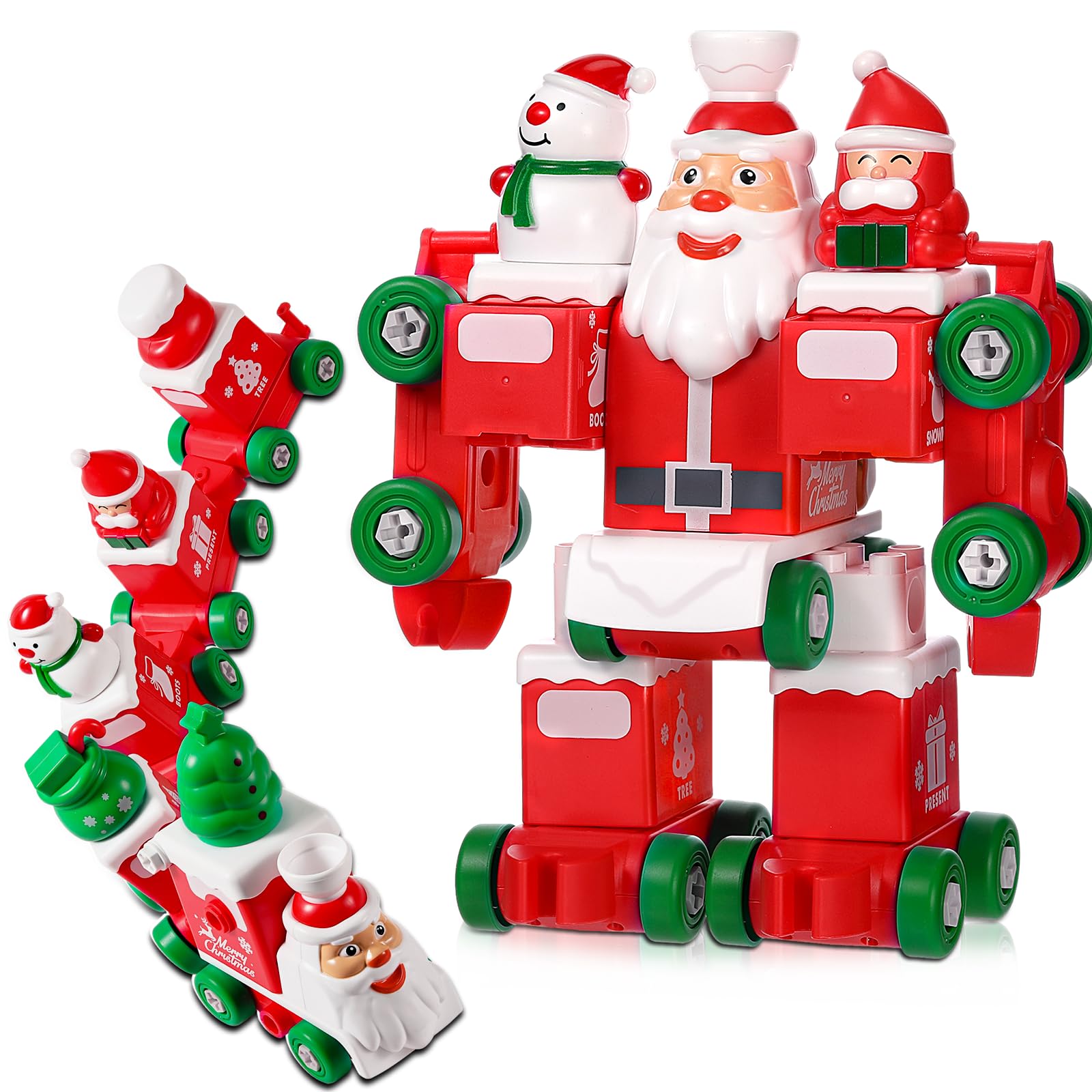 Sratte Christmas Building Blocks Trains Toys Set for Kids Transformable Santa Claus Robot Toy Christmas Train Building Toys for Indoor Christmas Decorations Holiday Birthday Gifts for Boys and Girls