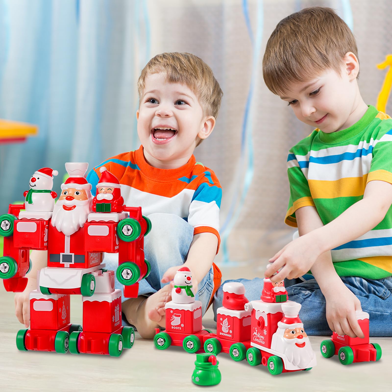 Sratte Christmas Building Blocks Trains Toys Set for Kids Transformable Santa Claus Robot Toy Christmas Train Building Toys for Indoor Christmas Decorations Holiday Birthday Gifts for Boys and Girls