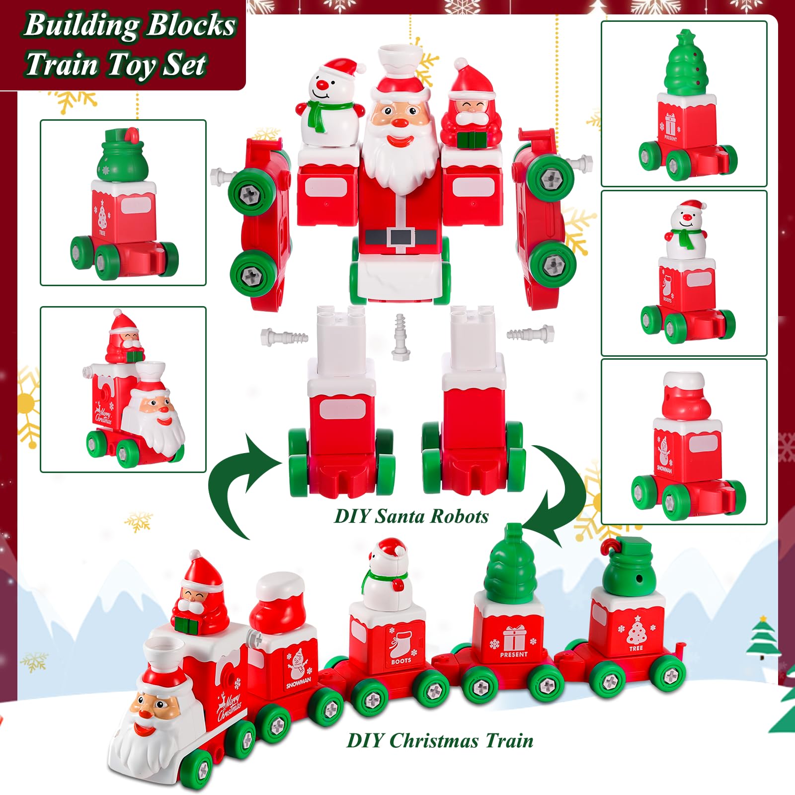 Sratte Christmas Building Blocks Trains Toys Set for Kids Transformable Santa Claus Robot Toy Christmas Train Building Toys for Indoor Christmas Decorations Holiday Birthday Gifts for Boys and Girls