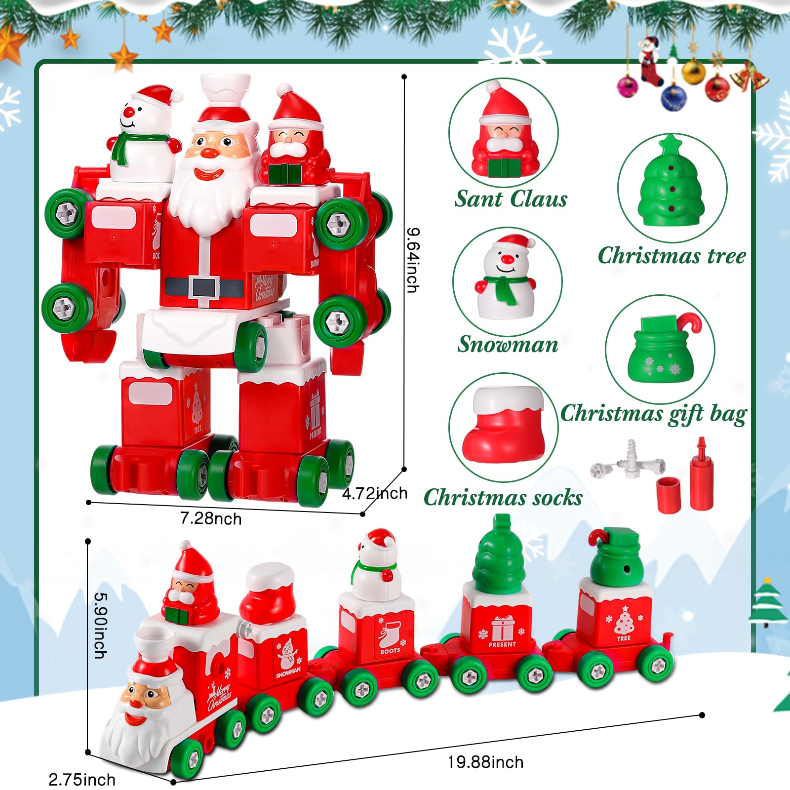 Sratte Christmas Building Blocks Trains Toys Set for Kids Transformable Santa Claus Robot Toy Christmas Train Building Toys for Indoor Christmas Decorations Holiday Birthday Gifts for Boys and Girls