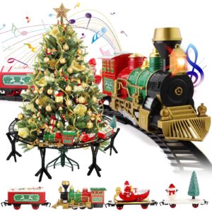 deekin christmas train set under the christmas tree, electric xmas train toy for kids gift, christmas train elevated with locomotive santa claus snowman christmas tree for holiday christmas decoration