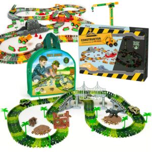 jitterygit dino track train and construction track site christmas bundle gift, glow in the dark playset racing play site set,cool racetrack present for children, ages 3 4 5 6 7 8 9 years old