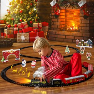 Christmas Train ElectricTrain Set with Retro Classic Steam Engine Wagon and Long Tracks, Battery Powered Train Playset with Smoke Lights and Sounds for Boys and Girls 3 5 6 7 Years Old