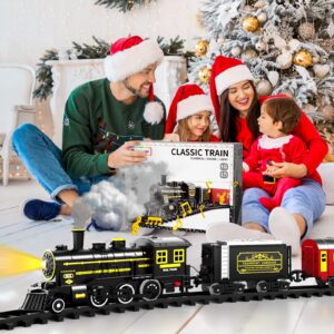 Christmas Train ElectricTrain Set with Retro Classic Steam Engine Wagon and Long Tracks, Battery Powered Train Playset with Smoke Lights and Sounds for Boys and Girls 3 5 6 7 Years Old