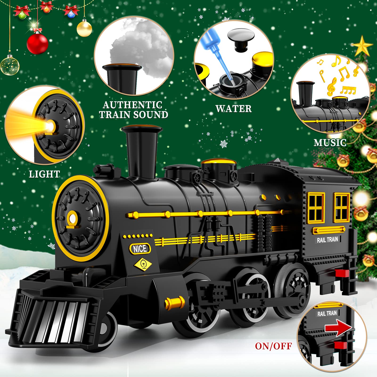 Christmas Train ElectricTrain Set with Retro Classic Steam Engine Wagon and Long Tracks, Battery Powered Train Playset with Smoke Lights and Sounds for Boys and Girls 3 5 6 7 Years Old