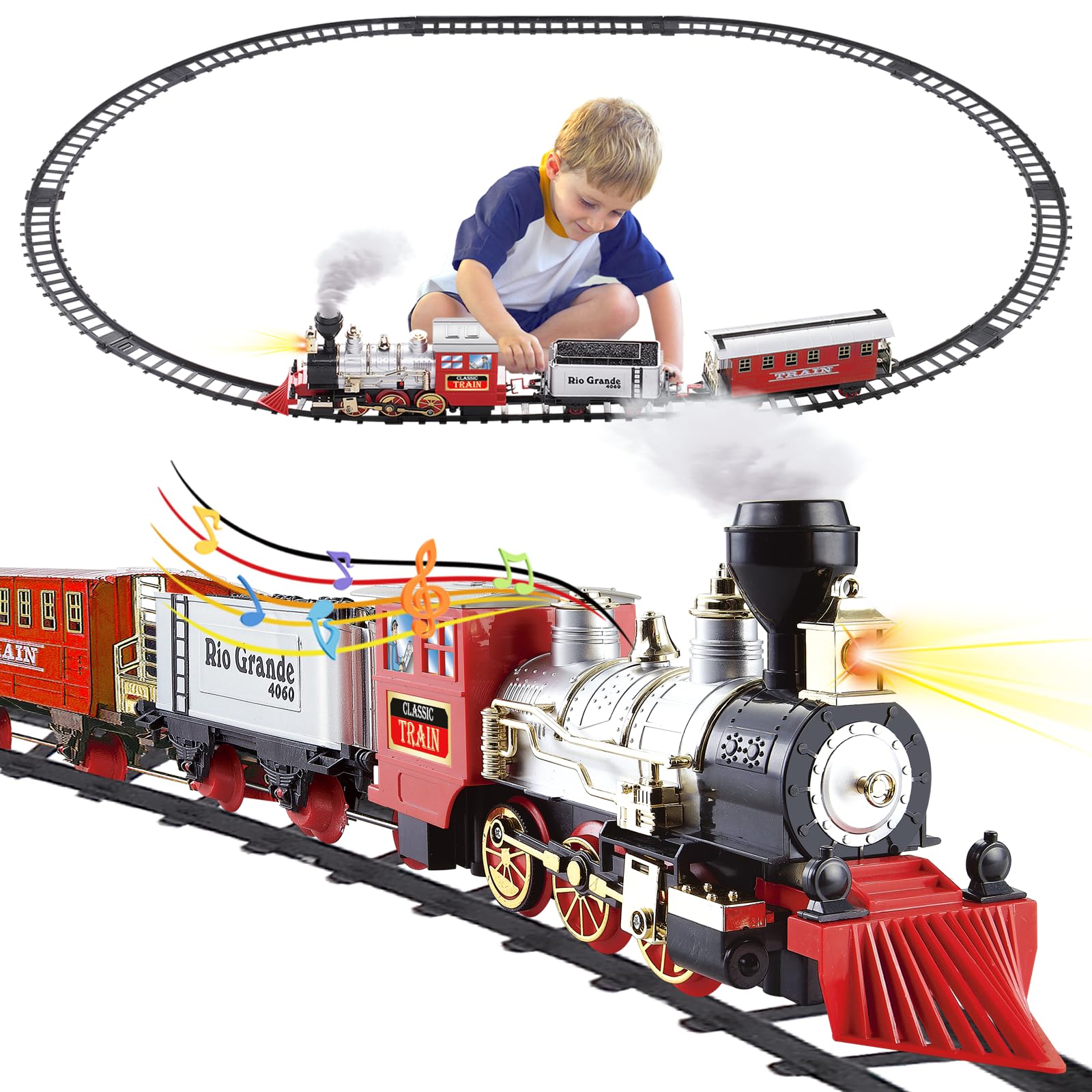 WASAiKA Train Track Toys with Lights, Smokes, Sound and Railway Kits, Train Set including Steam Locomotive Engine, Cargo Cars,Tracks, Christmas Tree Decoration Gifts for 3+ Boys Girls Kids