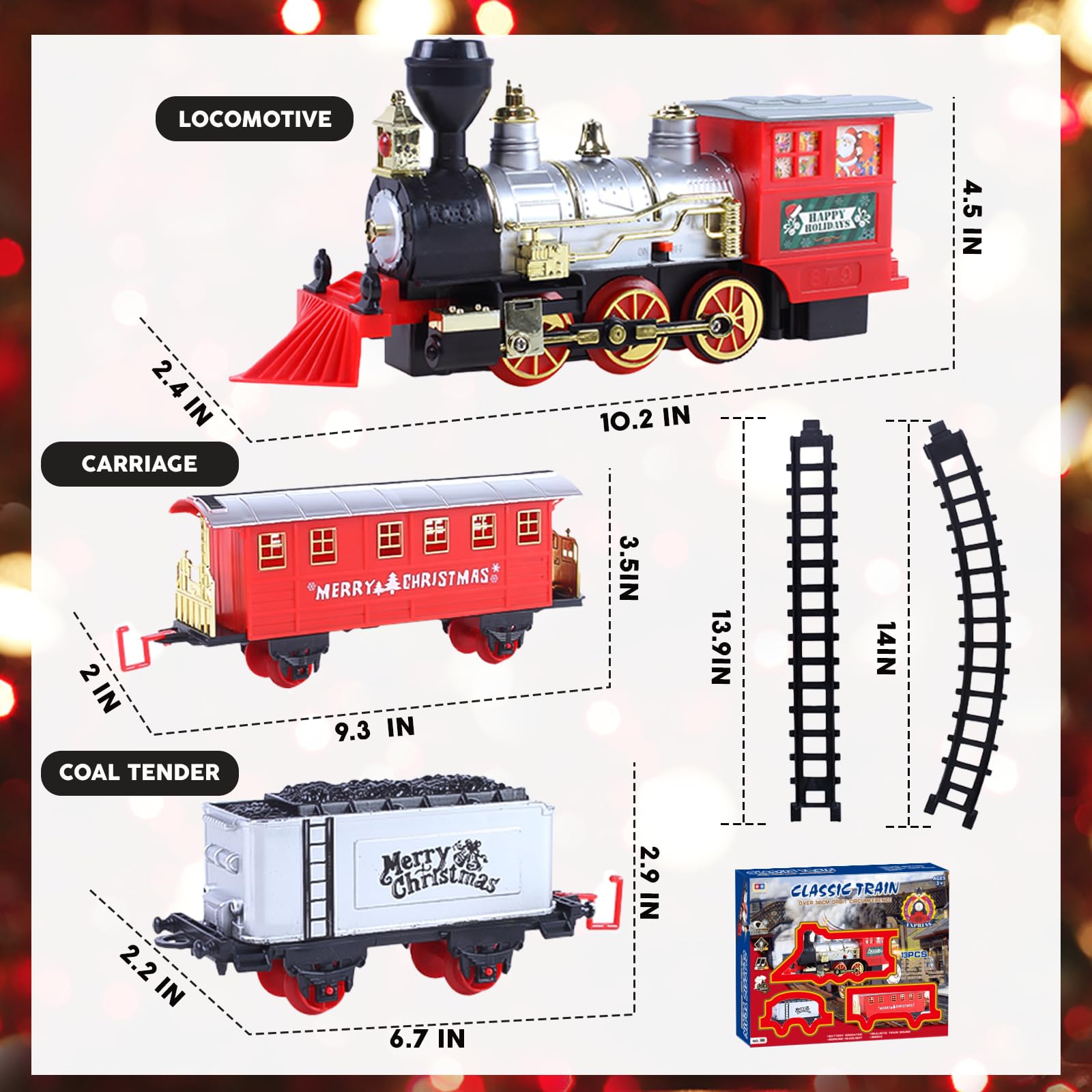 WASAiKA Train Track Toys with Lights, Smokes, Sound and Railway Kits, Train Set including Steam Locomotive Engine, Cargo Cars,Tracks, Christmas Tree Decoration Gifts for 3+ Boys Girls Kids