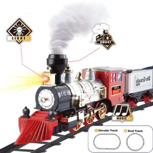 WASAiKA Train Track Toys with Lights, Smokes, Sound and Railway Kits, Train Set including Steam Locomotive Engine, Cargo Cars,Tracks, Christmas Tree Decoration Gifts for 3+ Boys Girls Kids