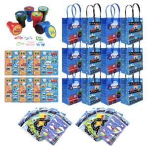 tinymills transportation airplanes cars trains birthday party assortment favor set of 108 pcs (12 large party favor bags with handles, 24 stampers, 12 sticker sheets, 12 coloring books, 48 crayons)