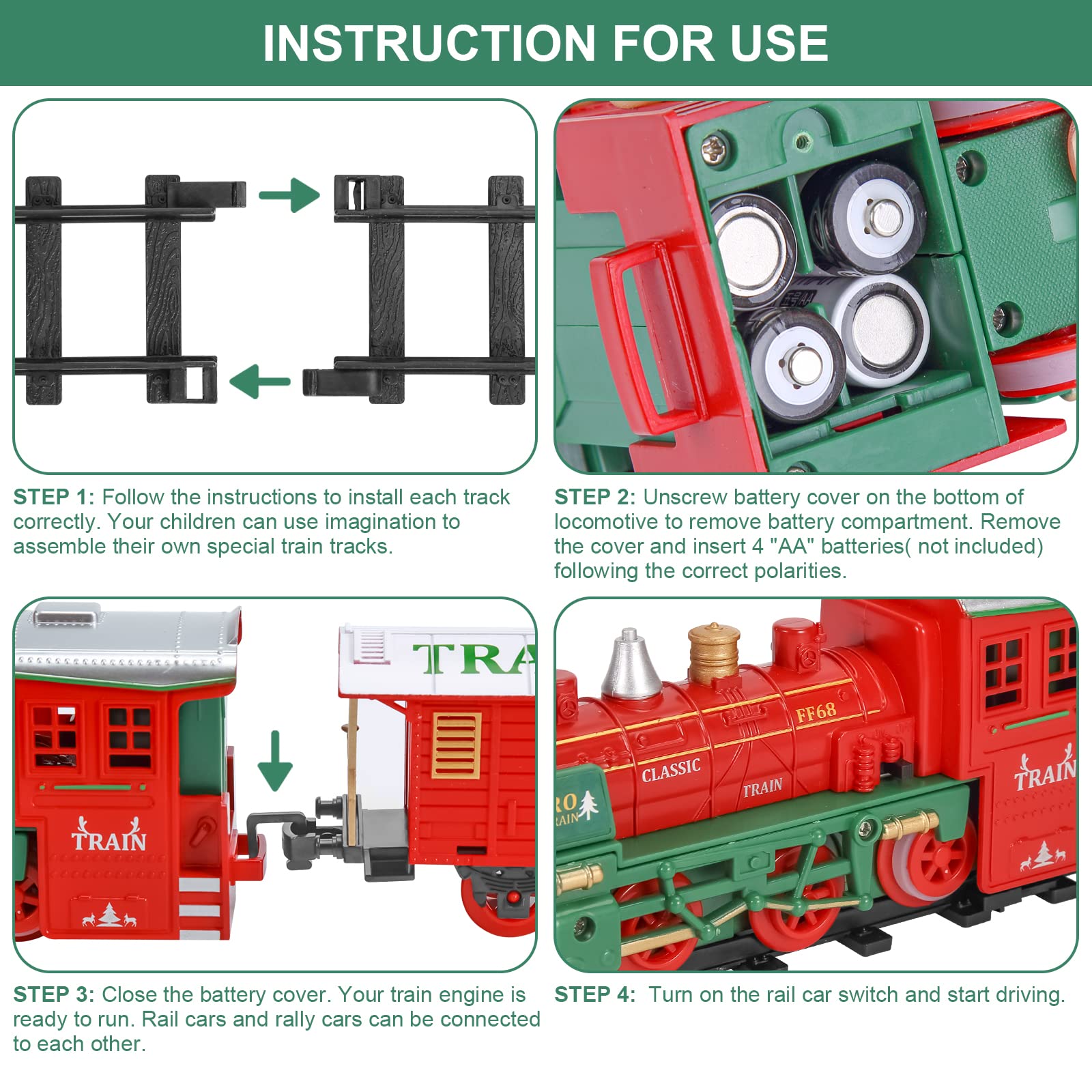 Electric Train Set for Boys and Girls - Christmas Train Set with Real Smoke, Sounds & Lights - Classic Toy Train with Steam Locomotive Engine - Includes 3 Train Cars and 10 Tracks