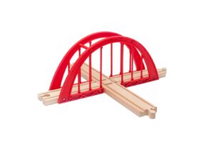 maxim enterprise, inc. red intersection bridge, model railroad bridge with wooden cross track, wooden bridge compatible with thomas & friends, brio railway, and all major brand fine wooden train sets