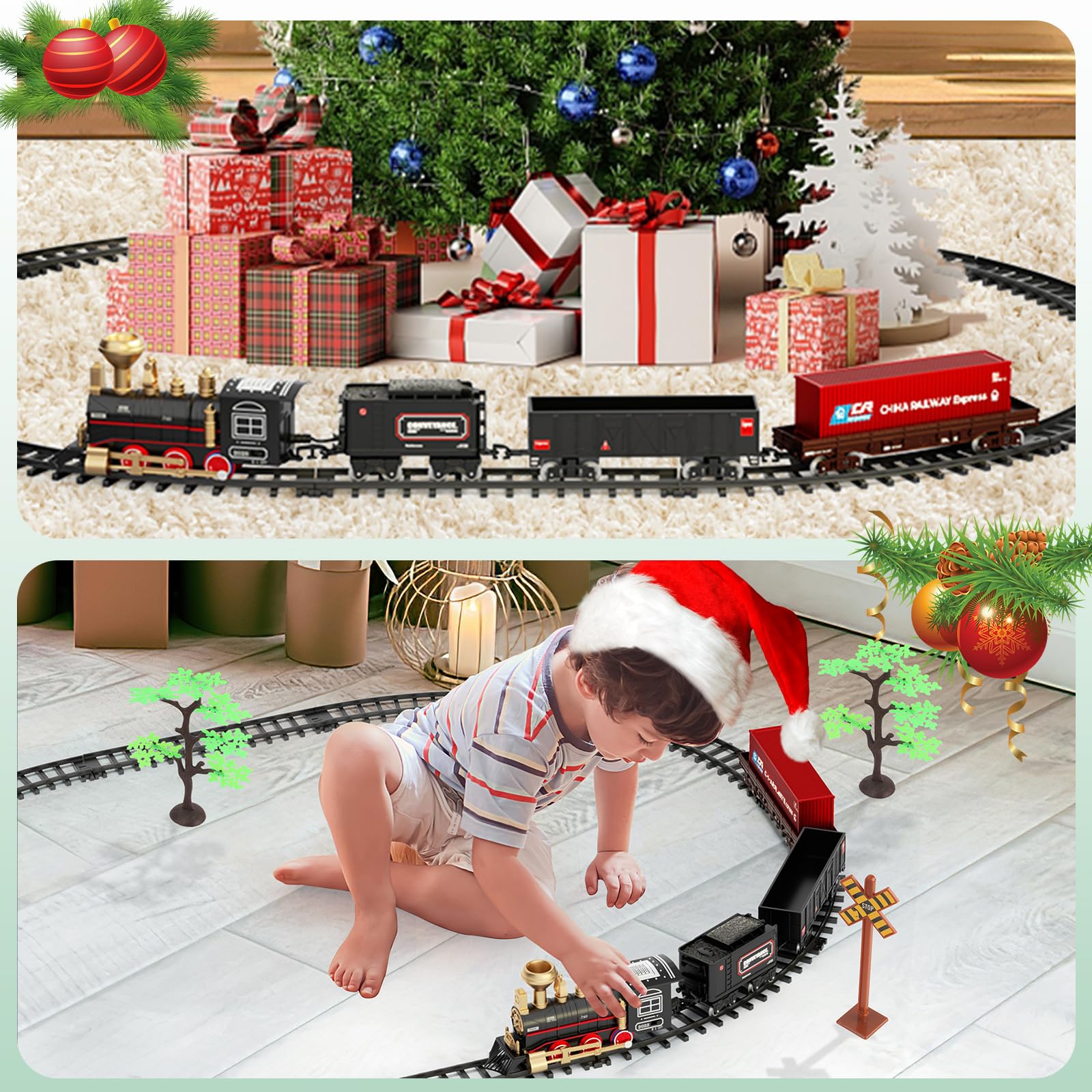 UNIH Train Set,Electric Train Toys with Steam Locomotive Engine,Cargo Car and Long Track, Model Train Set with Smokes,Lights & Sound, Toy Train Gifts for 3 4 5 6 7 8+ Year Old Kids Boys Girls