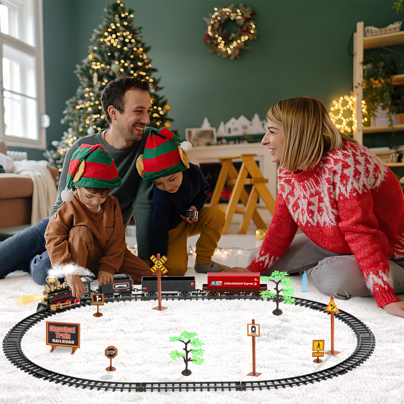 UNIH Train Set,Electric Train Toys with Steam Locomotive Engine,Cargo Car and Long Track, Model Train Set with Smokes,Lights & Sound, Toy Train Gifts for 3 4 5 6 7 8+ Year Old Kids Boys Girls