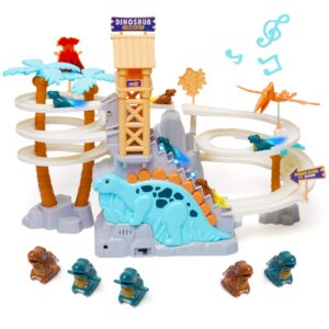 dinosaur chasing race track game set double loop track slide toy climb stairs toy roller coaster toy with music educational puzzle playsets gift for toddler kids boys girls age 3+