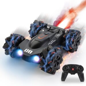 remote control car toy, rechargeable double sided driving stunt rc car for boys,exhaust spray and sound effects rc cars with led lights, 2.4ghz indoor/outdoor all terrain electric cars gifts for kids