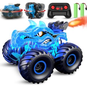 scientoy remote control car, 360° rotating rc cars for boys 4-7 with spray, light & sound, 2.4 ghz all terrain monster trucks, dinosaur toys for kids 3 4 5 6 7 8 with 2 batteries, gifts for boys girls