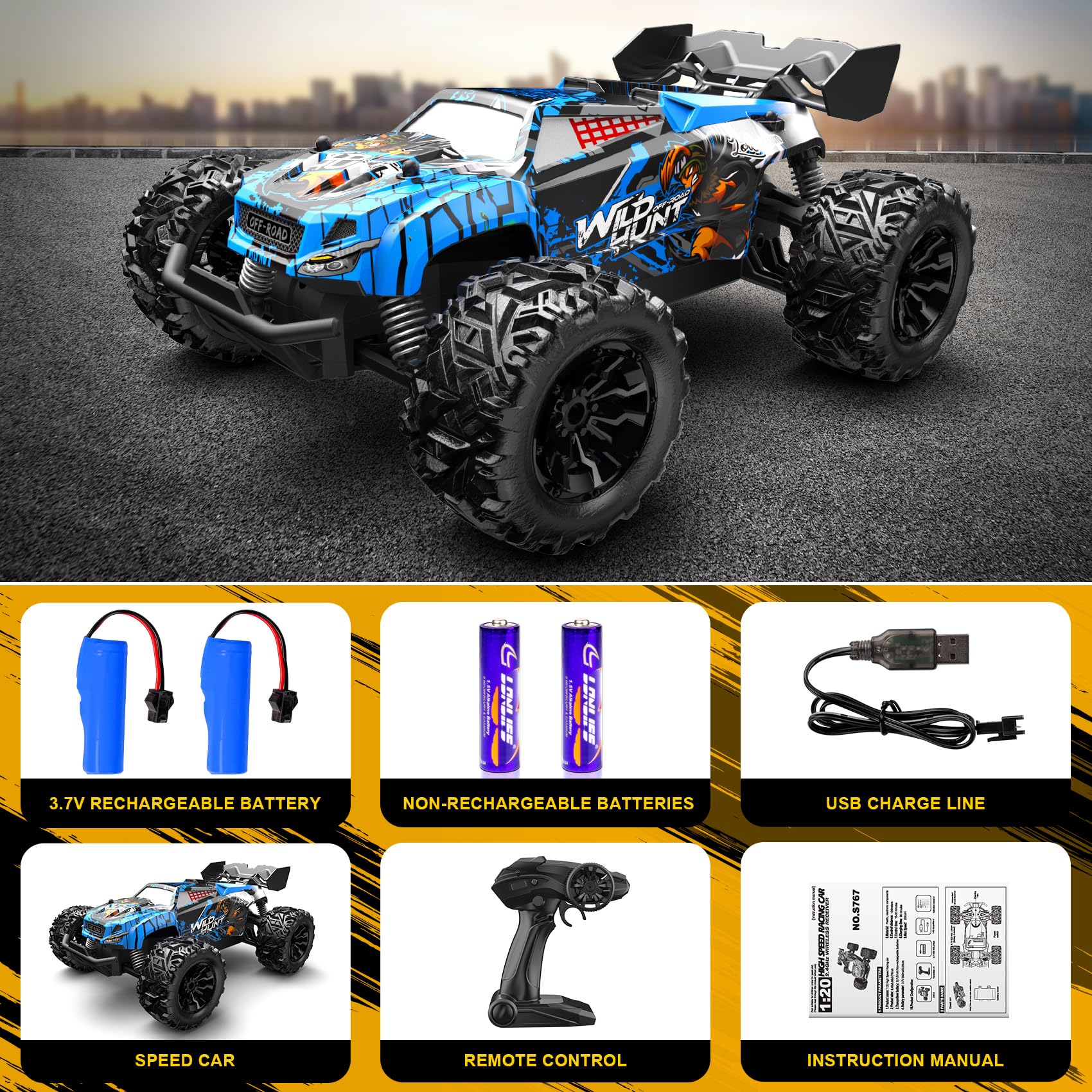 TOEAM RC Cars 1:20 Scale Remote Control Car, 2.4GHZ Fast Racing Monster Car, All Terrains RC Truck with Two Rechargeable Batteries for Boys Kids Adults Christmas Birthday Gift