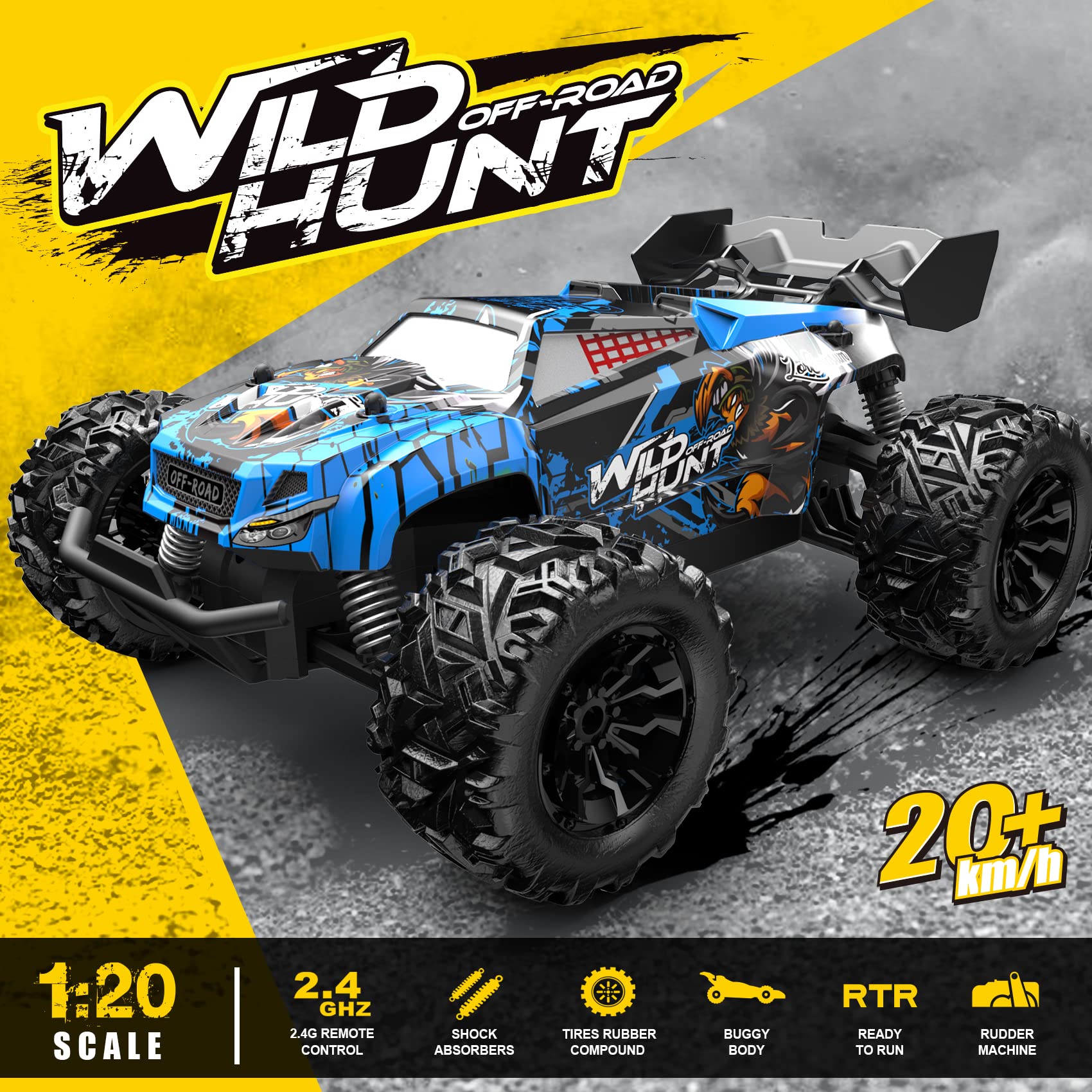 TOEAM RC Cars 1:20 Scale Remote Control Car, 2.4GHZ Fast Racing Monster Car, All Terrains RC Truck with Two Rechargeable Batteries for Boys Kids Adults Christmas Birthday Gift