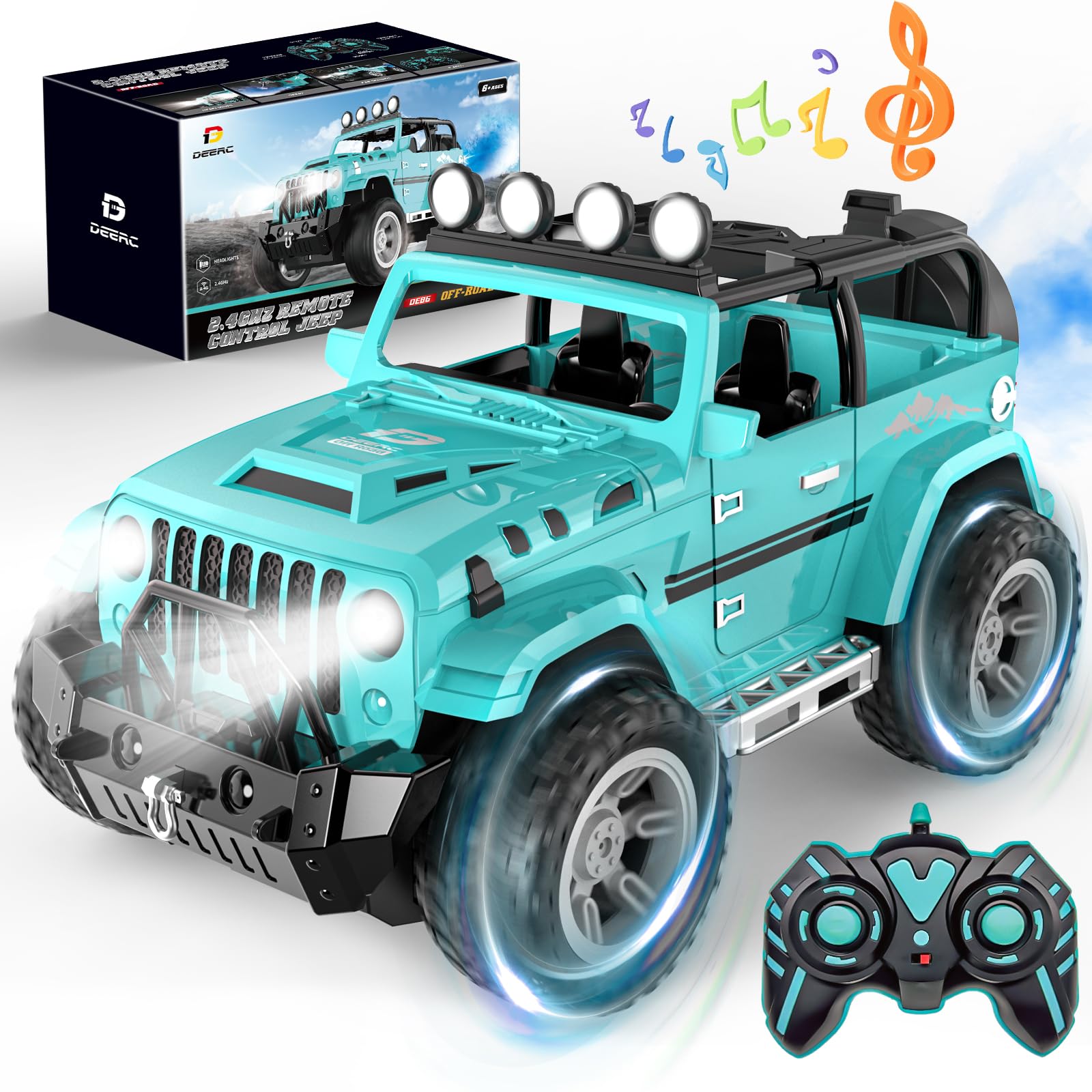 DEERC Remote Control Car with Fog Mist & Music, 1:16 Remote Control Truck for Boys, 2.4Ghz RC Car Toy with 2 Batteries, All Terrain SUV Gifts Crawler with Trailer Hitch