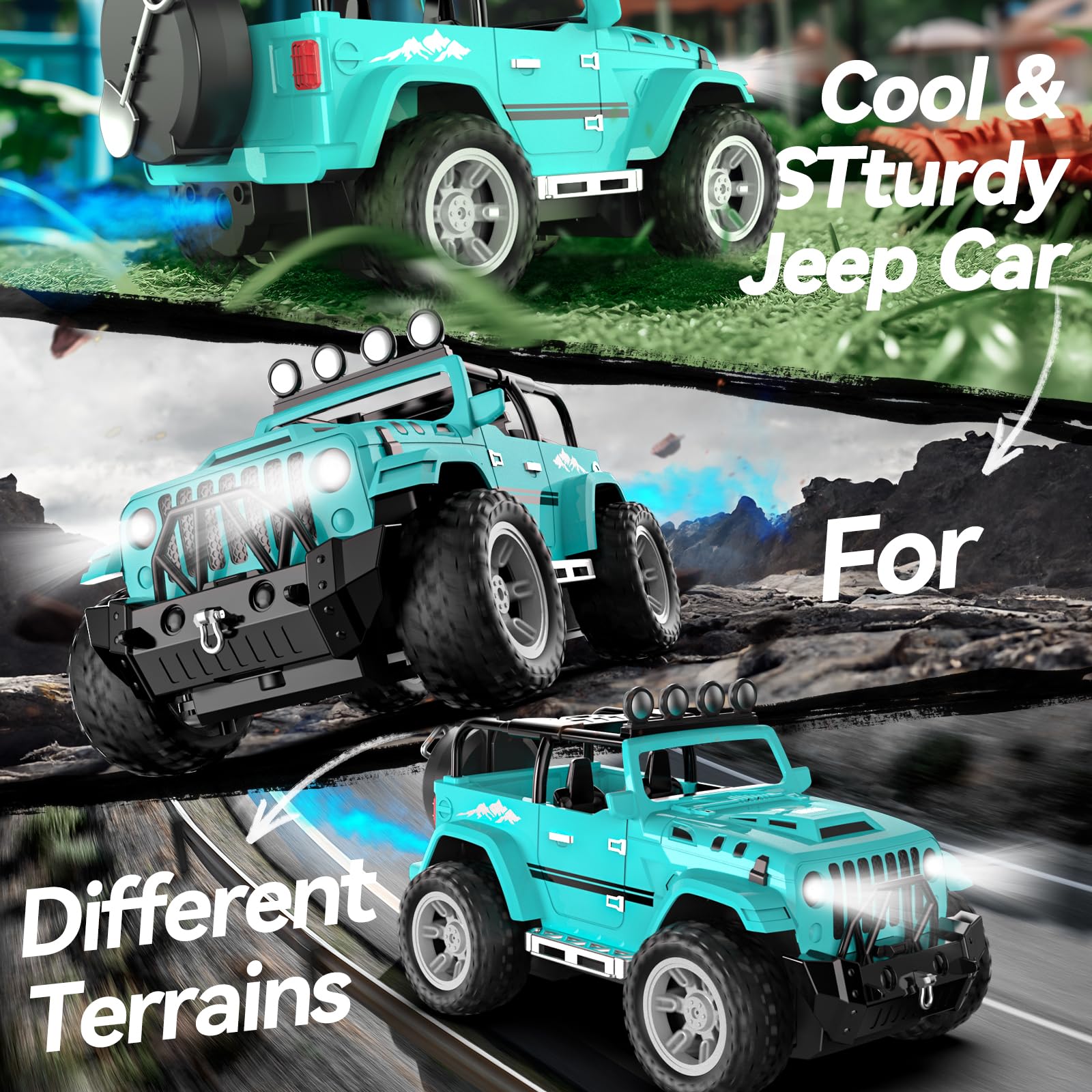 DEERC Remote Control Car with Fog Mist & Music, 1:16 Remote Control Truck for Boys, 2.4Ghz RC Car Toy with 2 Batteries, All Terrain SUV Gifts Crawler with Trailer Hitch