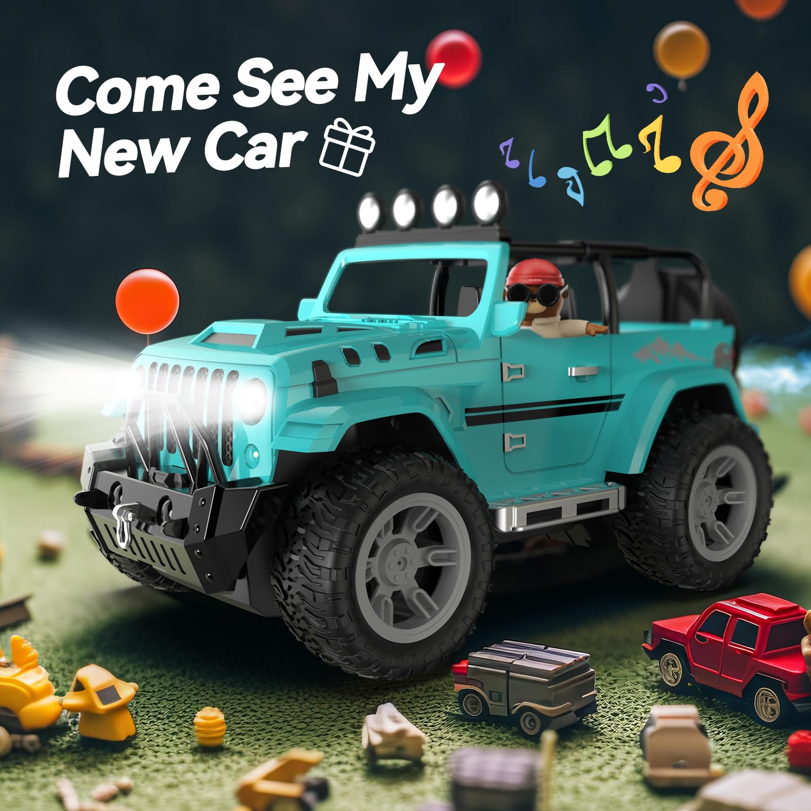 DEERC Remote Control Car with Fog Mist & Music, 1:16 Remote Control Truck for Boys, 2.4Ghz RC Car Toy with 2 Batteries, All Terrain SUV Gifts Crawler with Trailer Hitch