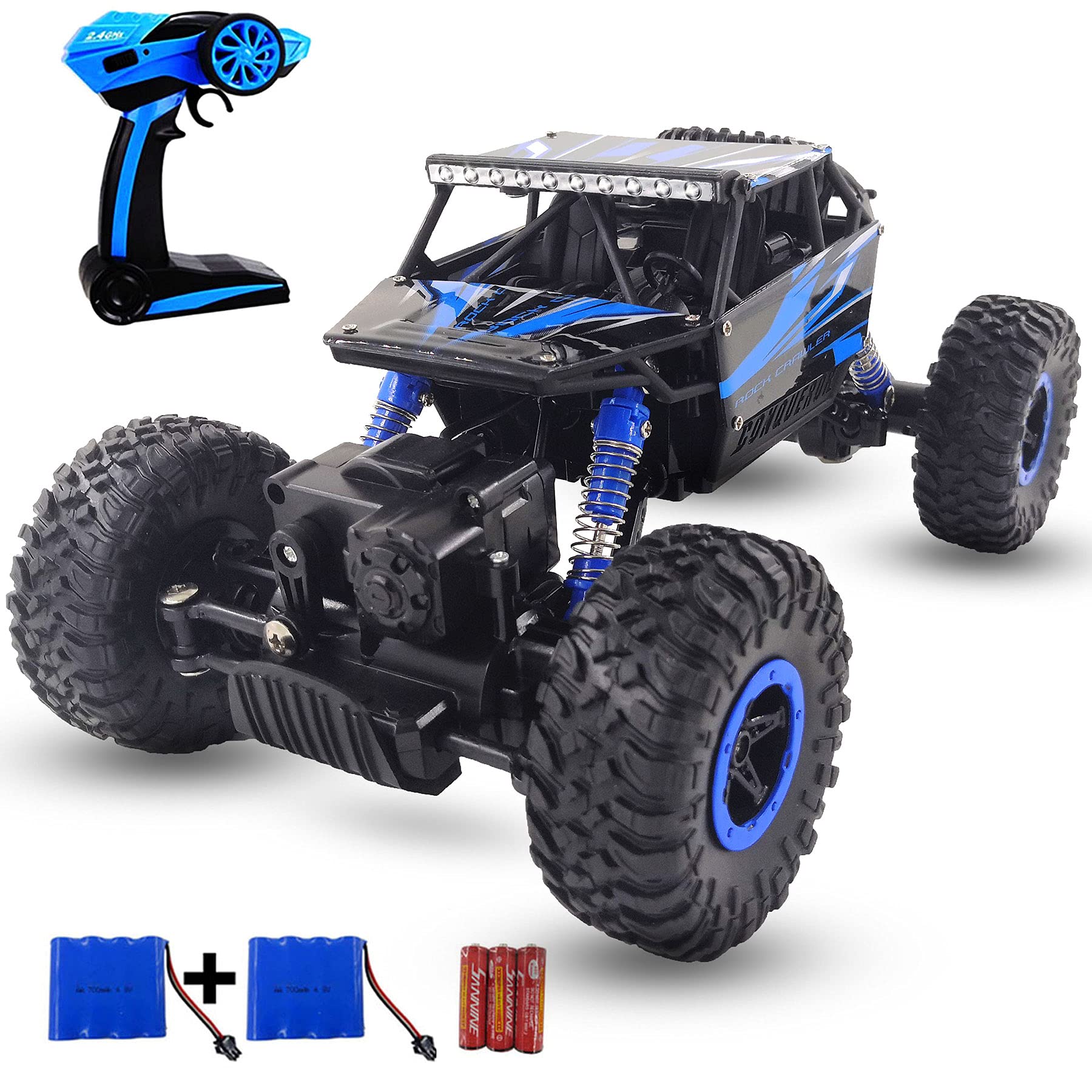 SZJJX 2.4Ghz 4WD All Terrain RC Rock Crawler Monster Truck With 2 Batteries - Remote Control Car for Kids Boys, Blue