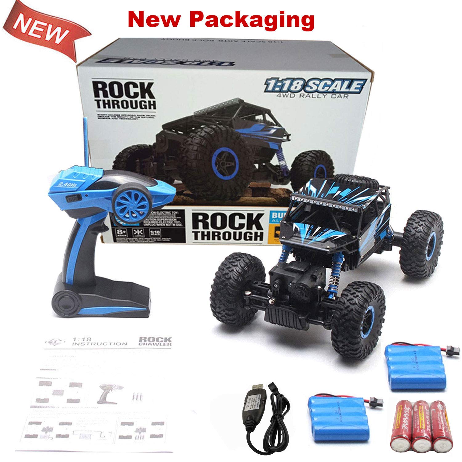 SZJJX 2.4Ghz 4WD All Terrain RC Rock Crawler Monster Truck With 2 Batteries - Remote Control Car for Kids Boys, Blue