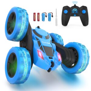 hamdol remote control car double sided 360°rotating 4wd rc cars with headlights 2.4ghz electric race stunt toy car rechargeable toy cars for boys girls birthday (blue)