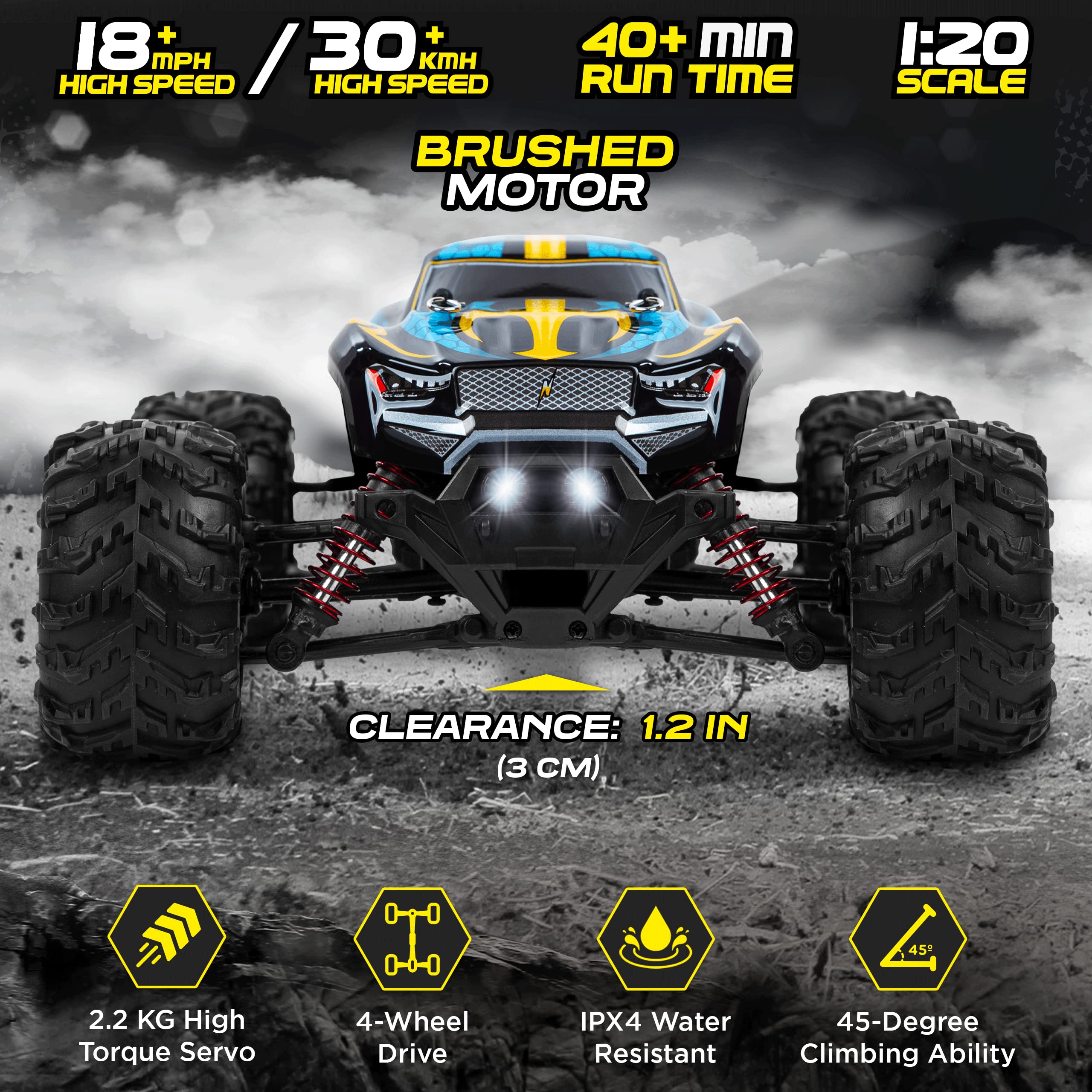 LAEGENDARY 1:20 Scale 4x4 Off-Road RC Truck - Hobby Grade Brushed Motor RC Car with Batteries, Waterproof Fast Remote Control Car for Adults