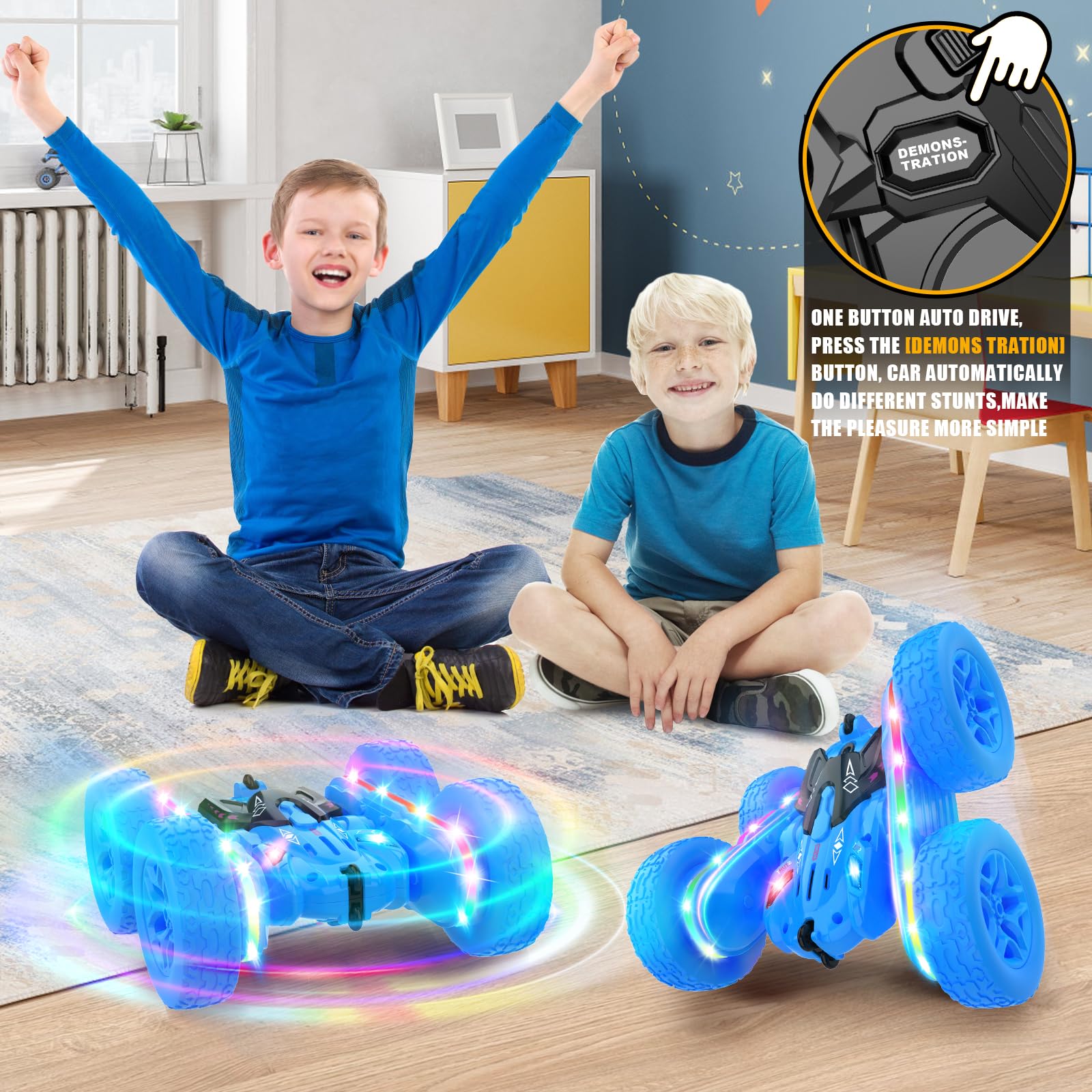 Jimdella Remote Control Car,RC Cars with sides light strip and Headlights,Double Sided 360 Flips Rotating RC Stunt Car,2.4Ghz All Terrain Toys for Ages 4-6 Kids Toy for Boys Girls Birthday Gift(Blue)