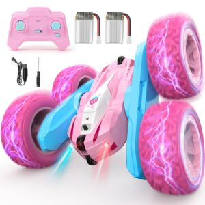 nuoke remote control car, pink rc cars for girls, rechargeable rc truck, 2.4ghz double sided 360° rotating stunt car toy with headlights, birthday gift for kids age 3+