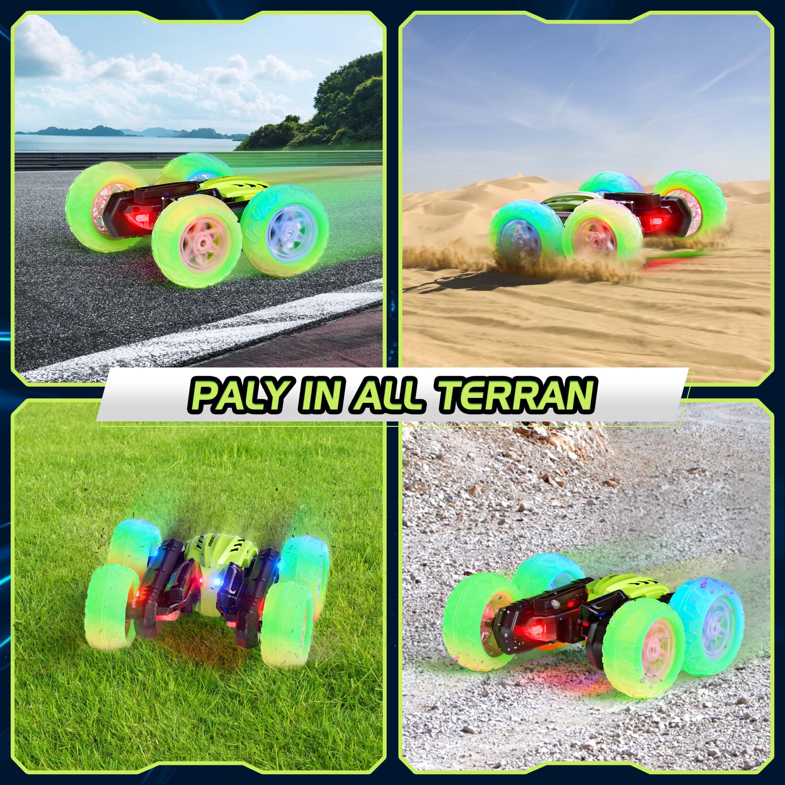 28°C RC Cars Stunt Cars, Remote Control Car for Boys Girls, Drift High Speed RC Cars, 360° Flips Double-Side RC Monster Truck with Headlight Wheel Light, Toys Gift for Kids on Christmas (Green)