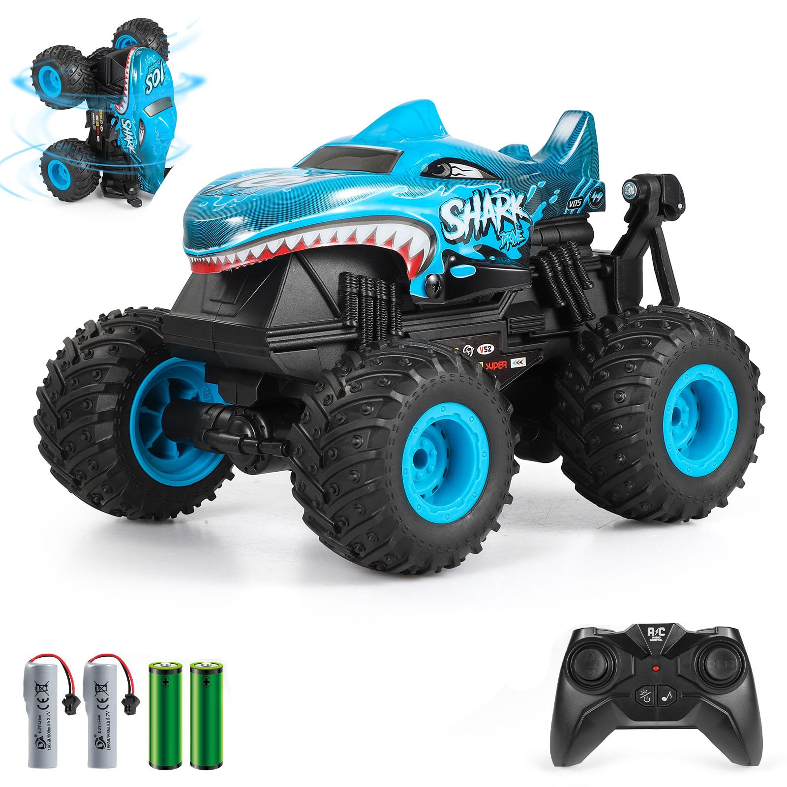 DYODYORC Remote Control Car, 2.4Ghz All Terrain Shark Monster Truck Toys, RC Truck with Music, 3 Lighting Effects, 360 Stunt Capable, All Included Ready to Run, Toy Gifts for Boys and Girls (Blue)