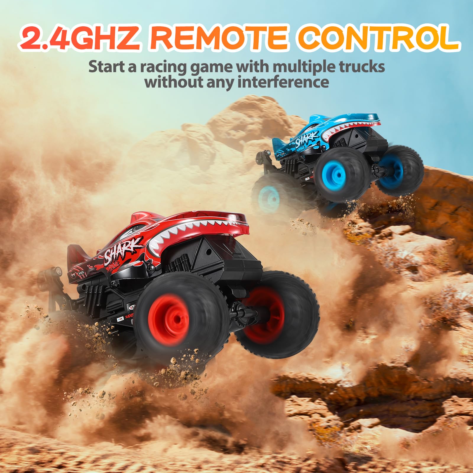 DYODYORC Remote Control Car, 2.4Ghz All Terrain Shark Monster Truck Toys, RC Truck with Music, 3 Lighting Effects, 360 Stunt Capable, All Included Ready to Run, Toy Gifts for Boys and Girls (Blue)