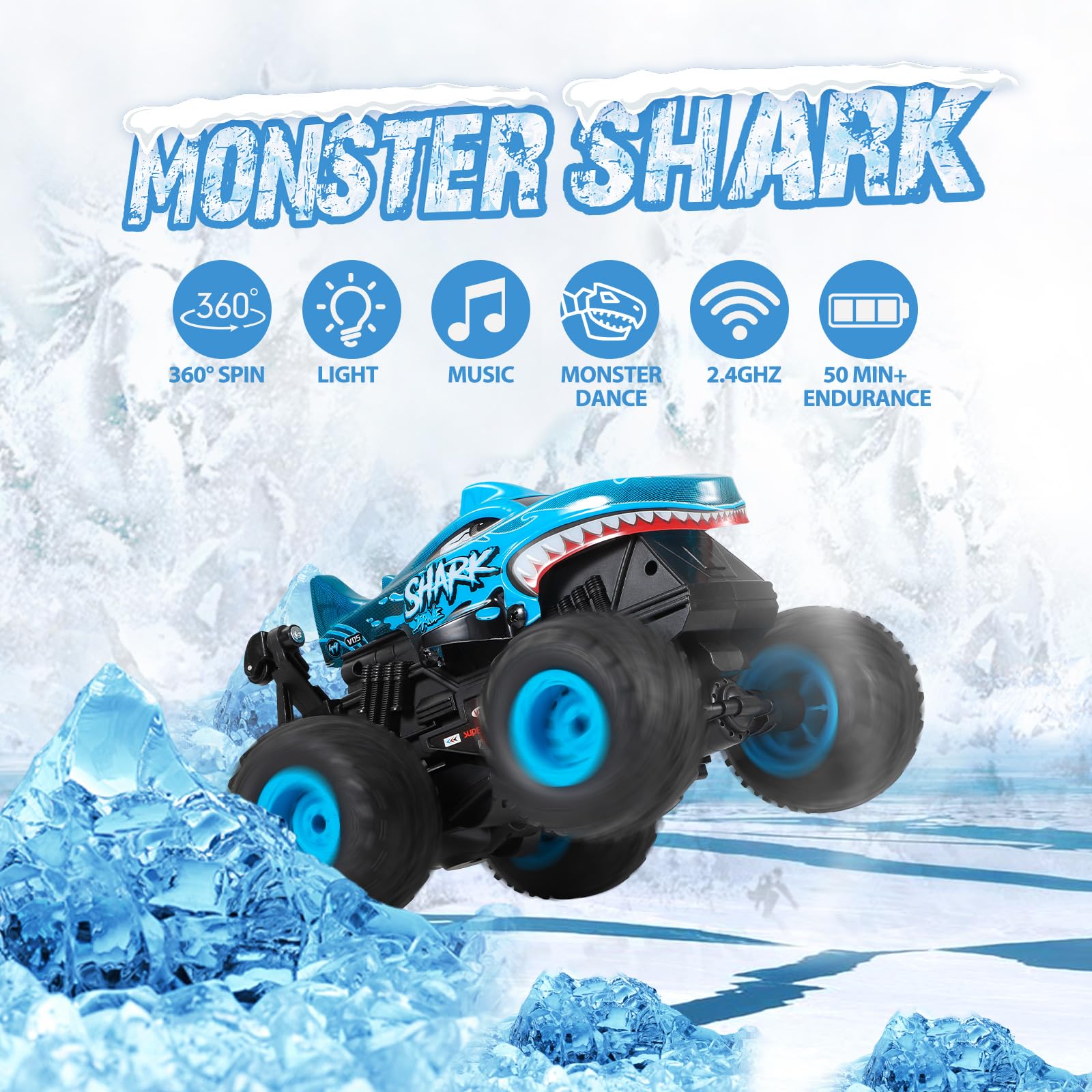 DYODYORC Remote Control Car, 2.4Ghz All Terrain Shark Monster Truck Toys, RC Truck with Music, 3 Lighting Effects, 360 Stunt Capable, All Included Ready to Run, Toy Gifts for Boys and Girls (Blue)