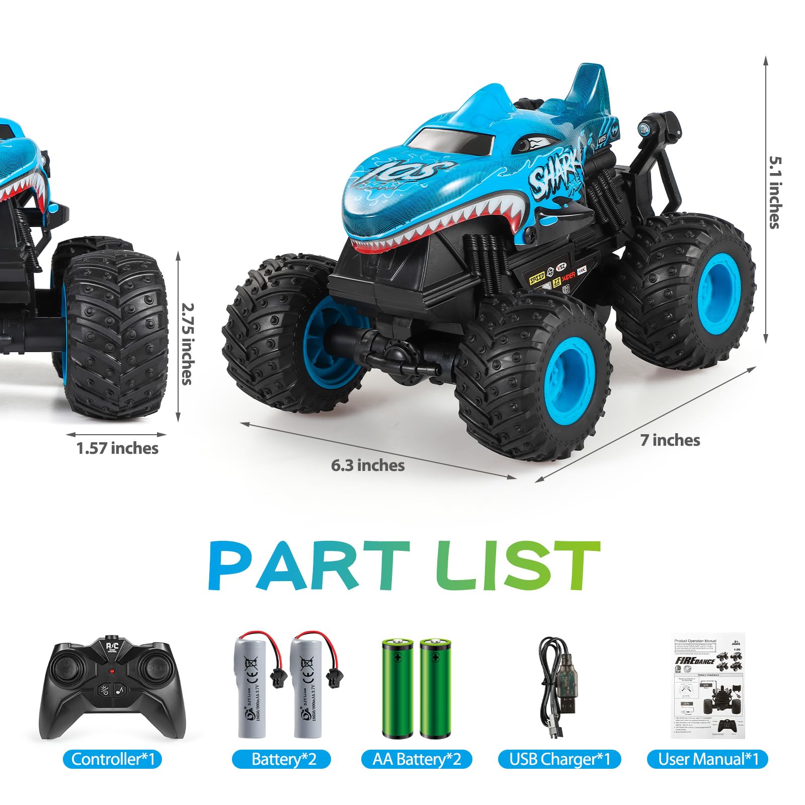 DYODYORC Remote Control Car, 2.4Ghz All Terrain Shark Monster Truck Toys, RC Truck with Music, 3 Lighting Effects, 360 Stunt Capable, All Included Ready to Run, Toy Gifts for Boys and Girls (Blue)