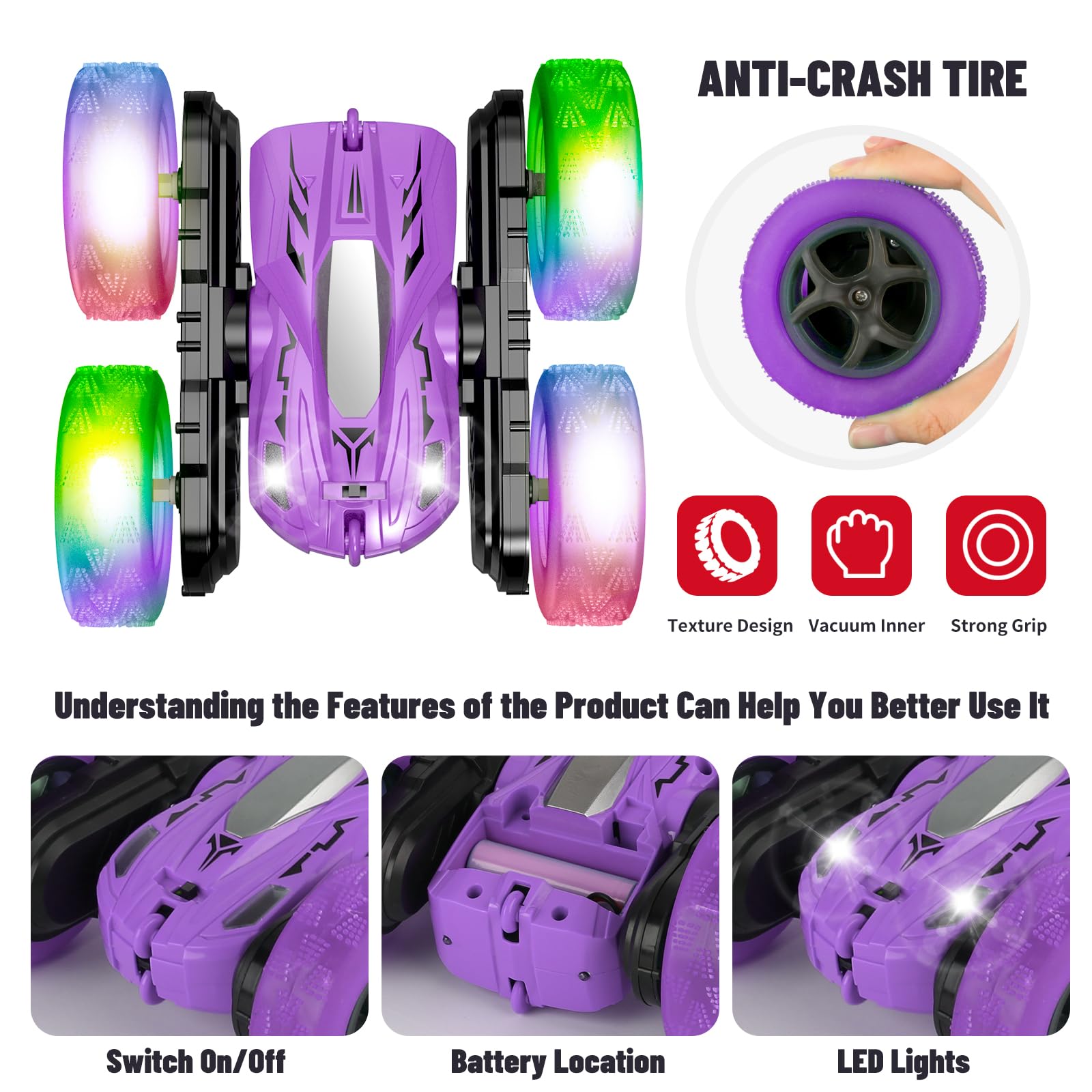 Traverse Star Remote Control Car 360° Rotating RC Cars, 2.4Ghz Double Side RC Stunt Car with Wheel Lights Headlights, RC Race Car Toys for Boys Girls Age 8-12 Christmas Birthday Gift(Purple)