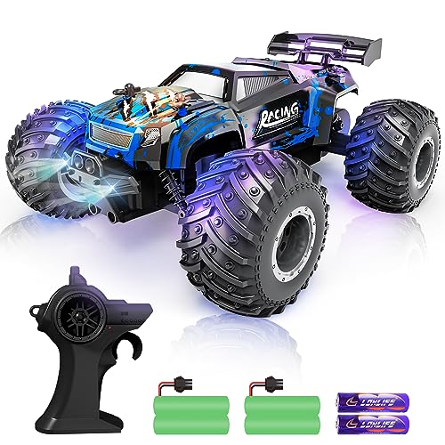 Tecnock RC Cars for Boys 8-12, 1:18 Scale 25 KM/H Fast Remote Control Car for Adults, 2.4GHz 2WD Off Road Monster Truck with 2 Rechargeable Batteries & LED Lights, Toys Gifts for Kids